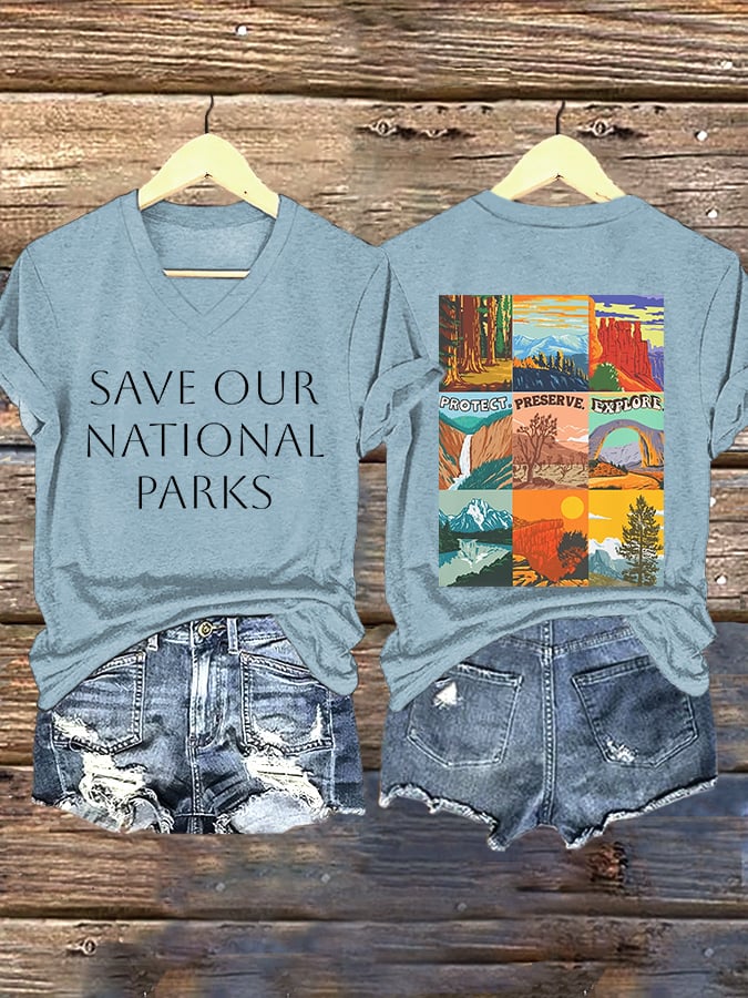 V-neck Retro Save Our National Parks Protect, Preserve, Explore Print T ...