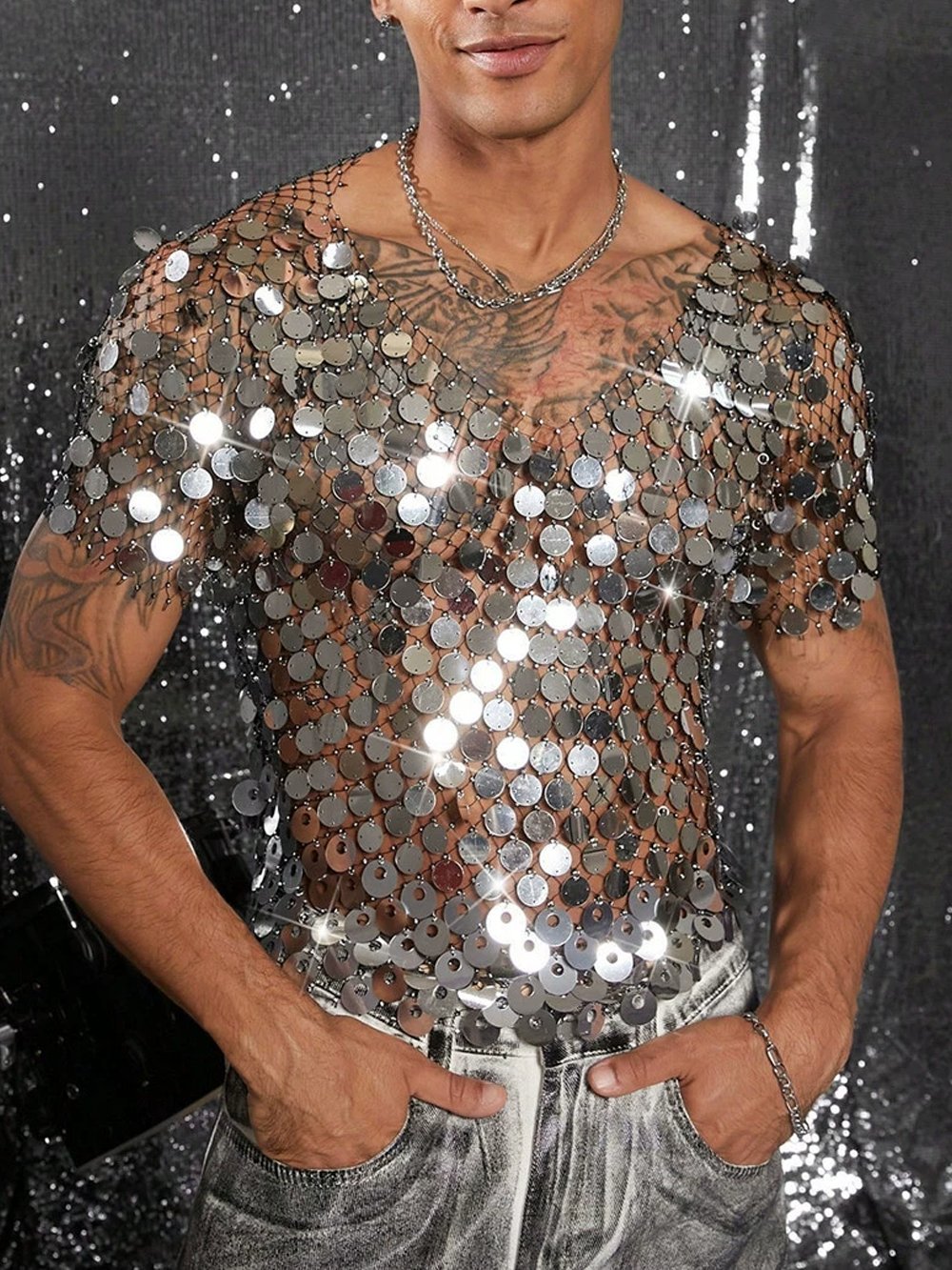 Men's Openwork Sequined Mesh Overlay T-Shirt