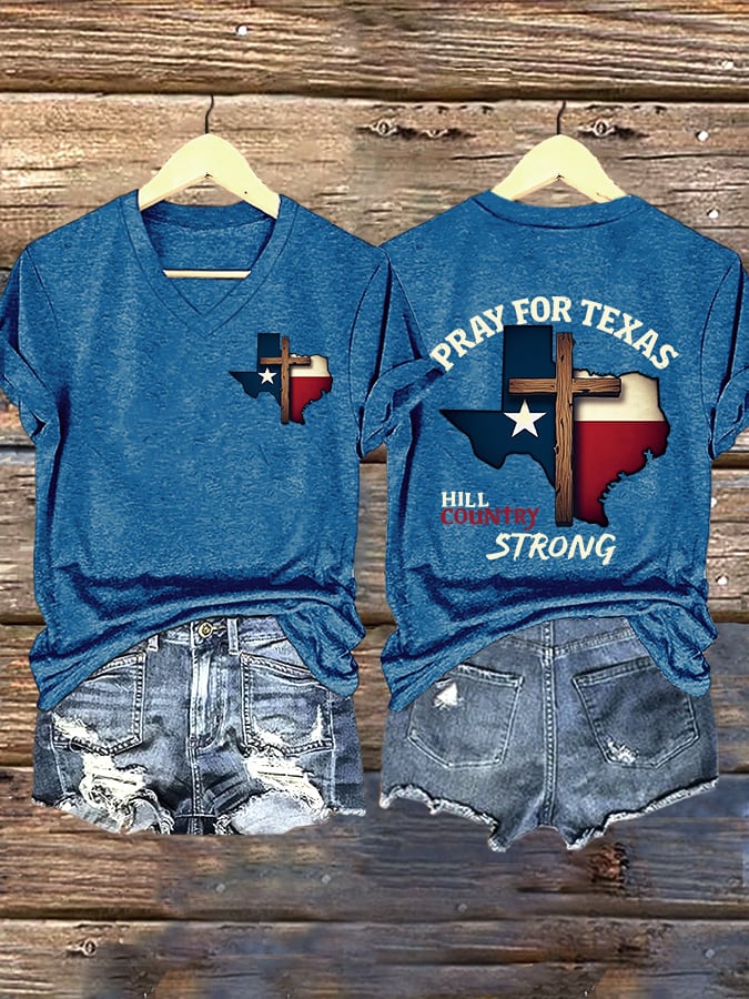 V Neck Retro Hill Country Strong Pray For Texas Faith Cross Print T-Shirt