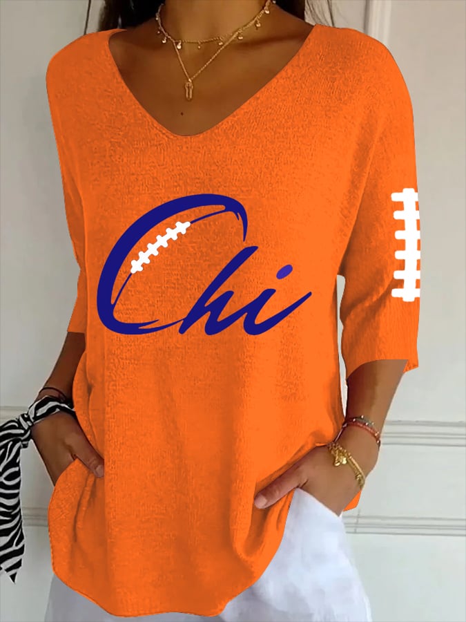 Women's Rugby Print Pit Stripe Casual V-Neck T-Shirt