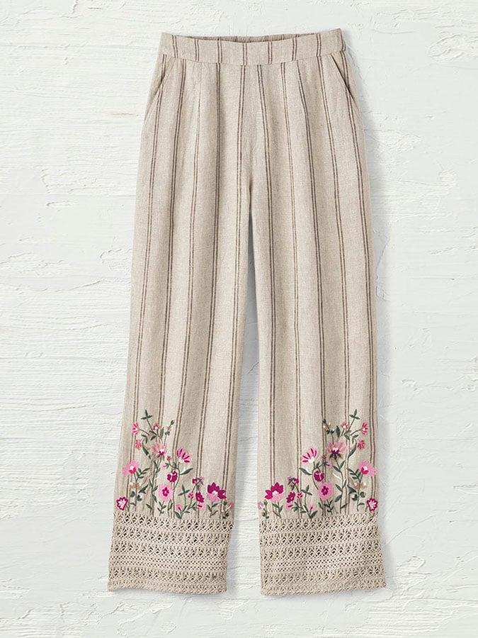 Women's Retro Stripe Stitching Lace Embroidery Casual Pants