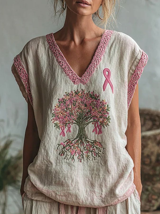 Women's Health Tree Of Life Pink Ribbon Printed Vest